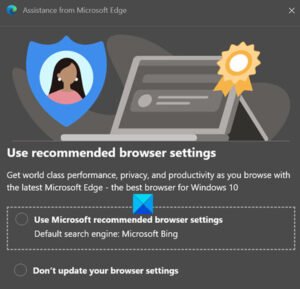 Disable Use Recommended Browser Settings prompt in Edge