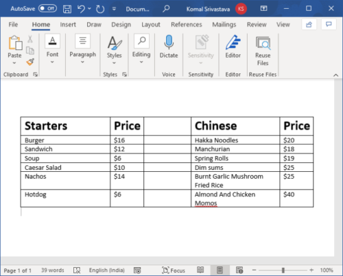 How to create a Restaurant Menu in Word