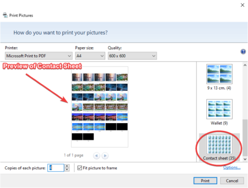 How to print a Contact Sheet of Photos in Windows 11