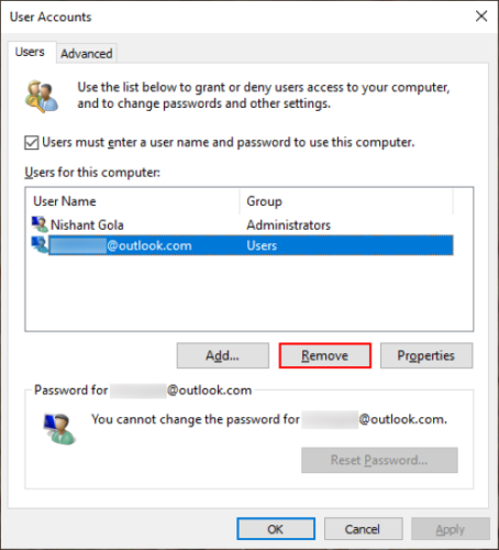 No Remove button for Microsoft Account in Windows 11/10