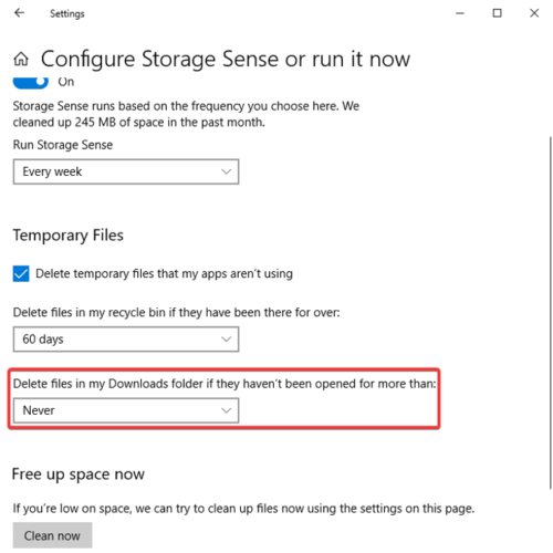 Stop or Make Storage Sense delete files from Downloads folder