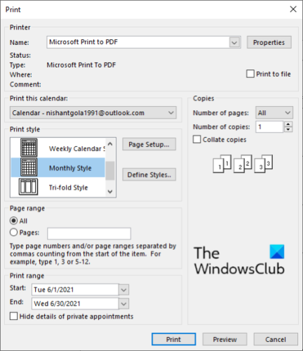 How to print an Outlook Calendar in Windows 11
