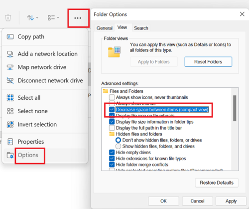 How to decrease space between items in Windows 11 Explorer