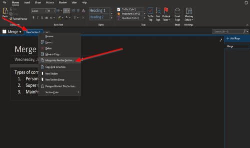 How to merge one section to another in OneNote