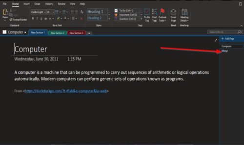 How to merge one section to another in OneNote