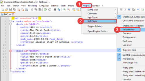 How to validate XML against XSD in Notepad++