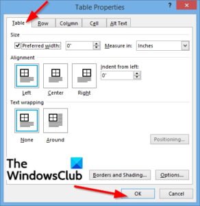 How to display and modify Table Properties in Word