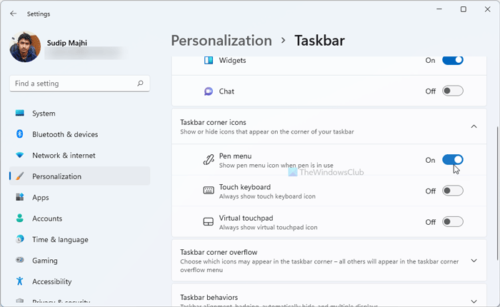 How to show the Pen Menu Taskbar Icon on Windows 11