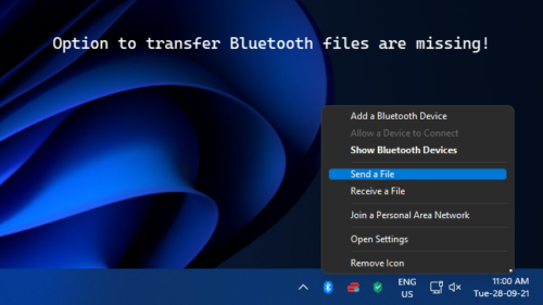 Send a File and Receive a File options missing in Bluetooth in Windows 11