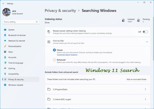 Configure Indexing Options and Settings for Windows 11 Search
