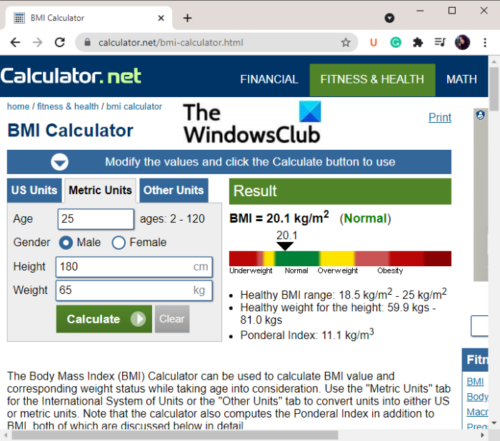 Calculate Body Mass Index (BMI) using free BMI Calculators for PC