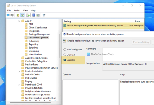 How to disable Background Sync to Server when on Battery Power