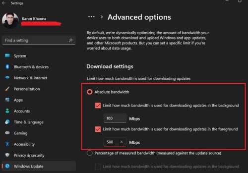 Limit Absolute bandwidth that can be used to download Windows Updates