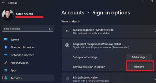 How to remove Fingerprint from Windows Hello in Windows 11