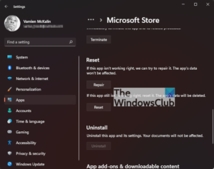 Reset or Repair Microsoft Store apps via Windows Settings