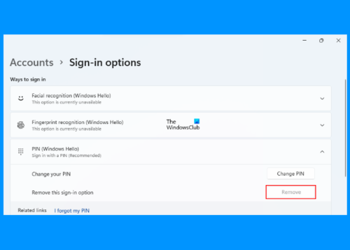 Windows Hello PIN Remove button greyed out