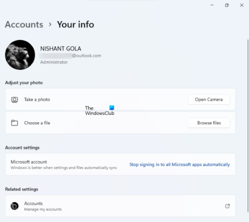 User Accounts Settings in Windows 11