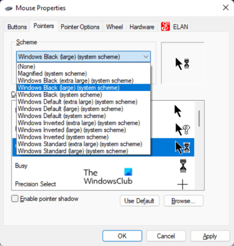 Change Mouse Cursor size, color, scheme on Windows 11