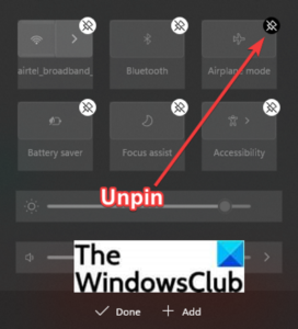 Add, Remove, Reset, Quick Action Center buttons in Windows 11