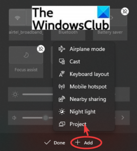 Add, Remove, Reset, Quick Action Center buttons in Windows 11