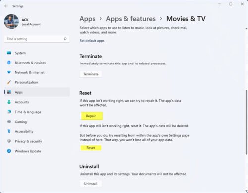 Movies & TV Error Code 0x800700ea on Windows 11
