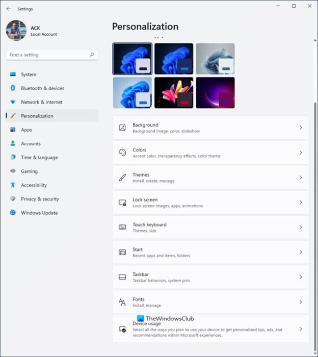 Windows 11 Personalization Settings to customize your PC