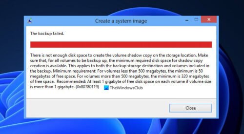 Error 0x80780113, Not enough space to create volume shadow copy