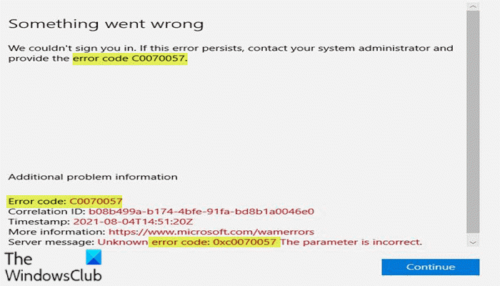 Office apps Sign-in error 0xC0070057 on Windows 11