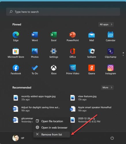 Show, Hide Recently added apps group in Start Menu of Windows 11