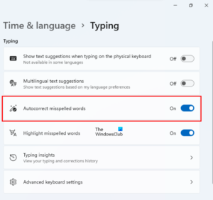 How to turn Typing Insights On or Off in Windows 11