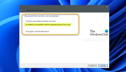 An address incompatible with the requested protocol was used Bluetooth