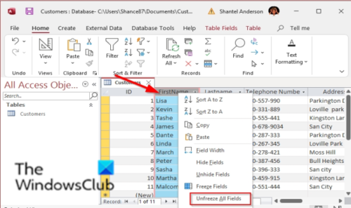 How to Freeze and Unfreeze columns in Access