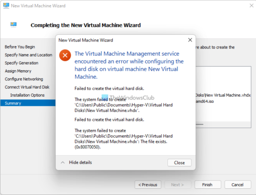 Virtual Machine Management service encountered an error, 0x80070050