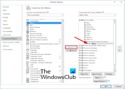 How to add Back and Forward buttons to Outlook Ribbon