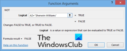 How to use the Not function Excel
