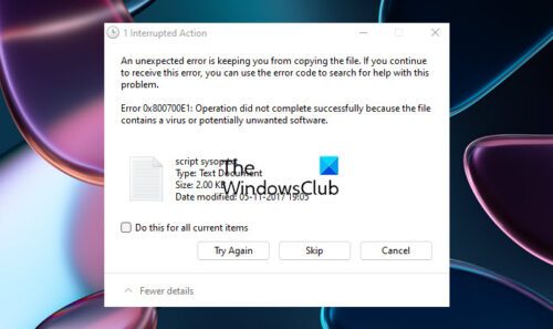 Operation did not complete successfully because the file contains a virus