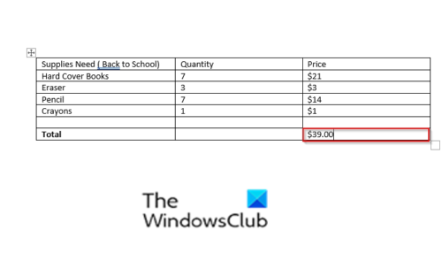 How to sum a Column or Row of Numbers in a Word Table