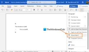 How to show or hide Formatting Marks in Word