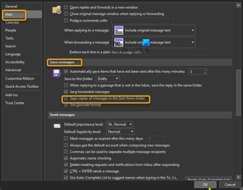 Email not saved to Sent Items folder in Outlook