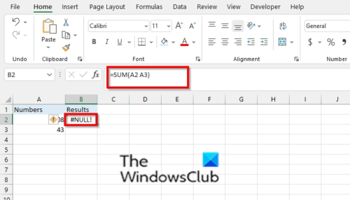 How to fix the #NULL error in Excel