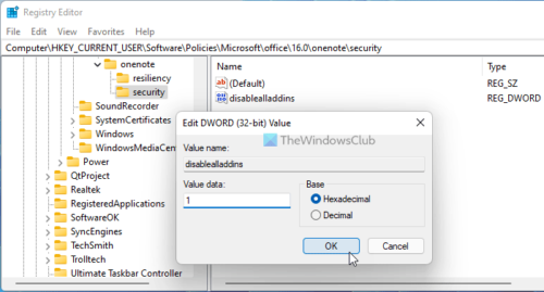 How to disable Unmanaged and Installed OneNote add-ins