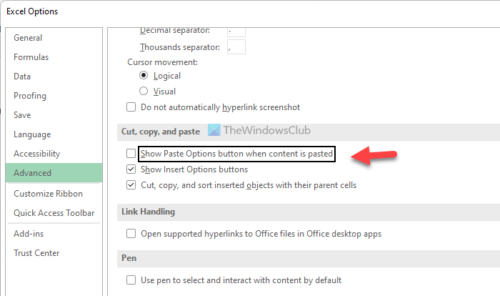 How to remove Paste Options button after pasting in Excel