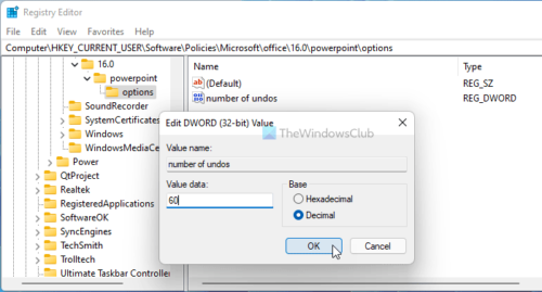 Increase or Decrease the maximum number of Undos in PowerPoint