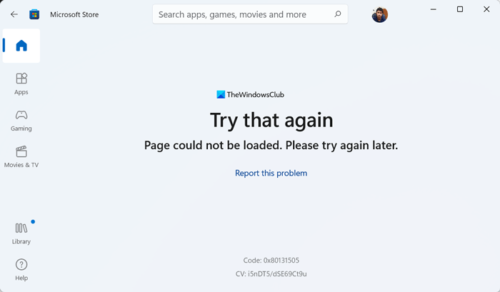 Page could not be loaded, Please try again, Microsoft Store Error