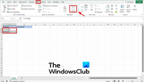 How to use Food Data Type in Excel