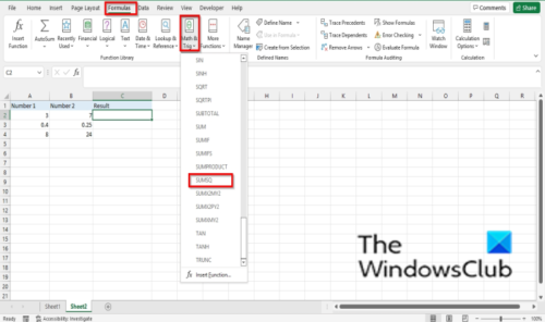 How to use the SUMSQ function in Excel