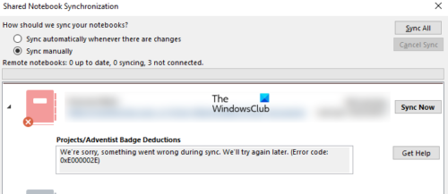 Error 0xE000002E, Something went wrong during OneNote sync