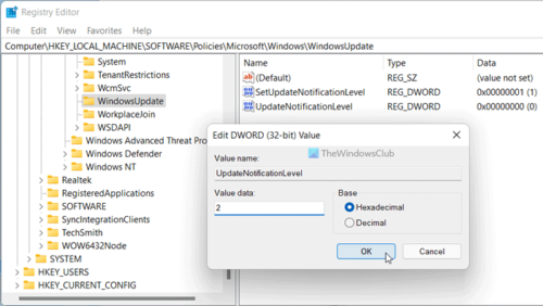 Show or hide Display options for Update notifications in Windows 11