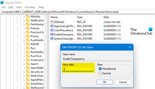 Start Menu Transparency not working in Windows 11/10