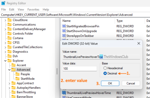 Change Mouse hover time to show Taskbar Thumbnail Live Preview
